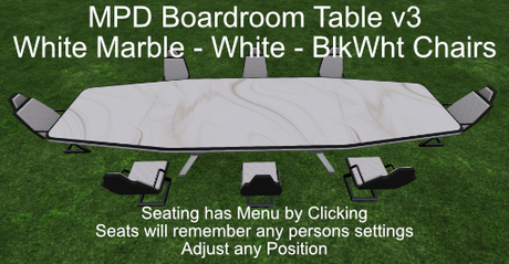 Second Life Marketplace - MPD BoardTable v3 Box - Wht Marble - Black Trim - White Chairs